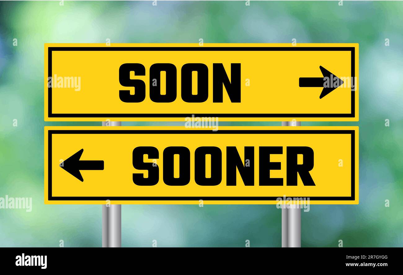Soon or sooner road sign on blur background Stock Photo - Alamy