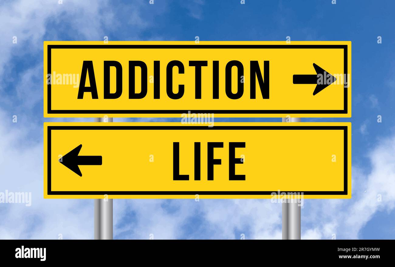Addiction or life road sign on sky background Stock Photo - Alamy