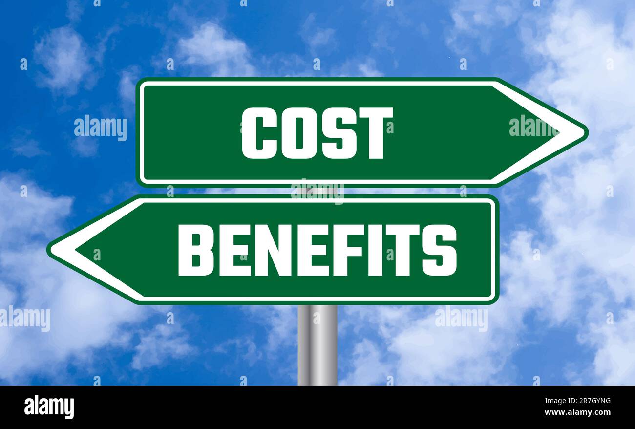 Cost or benefits road sign on blue sky background Stock Photo - Alamy