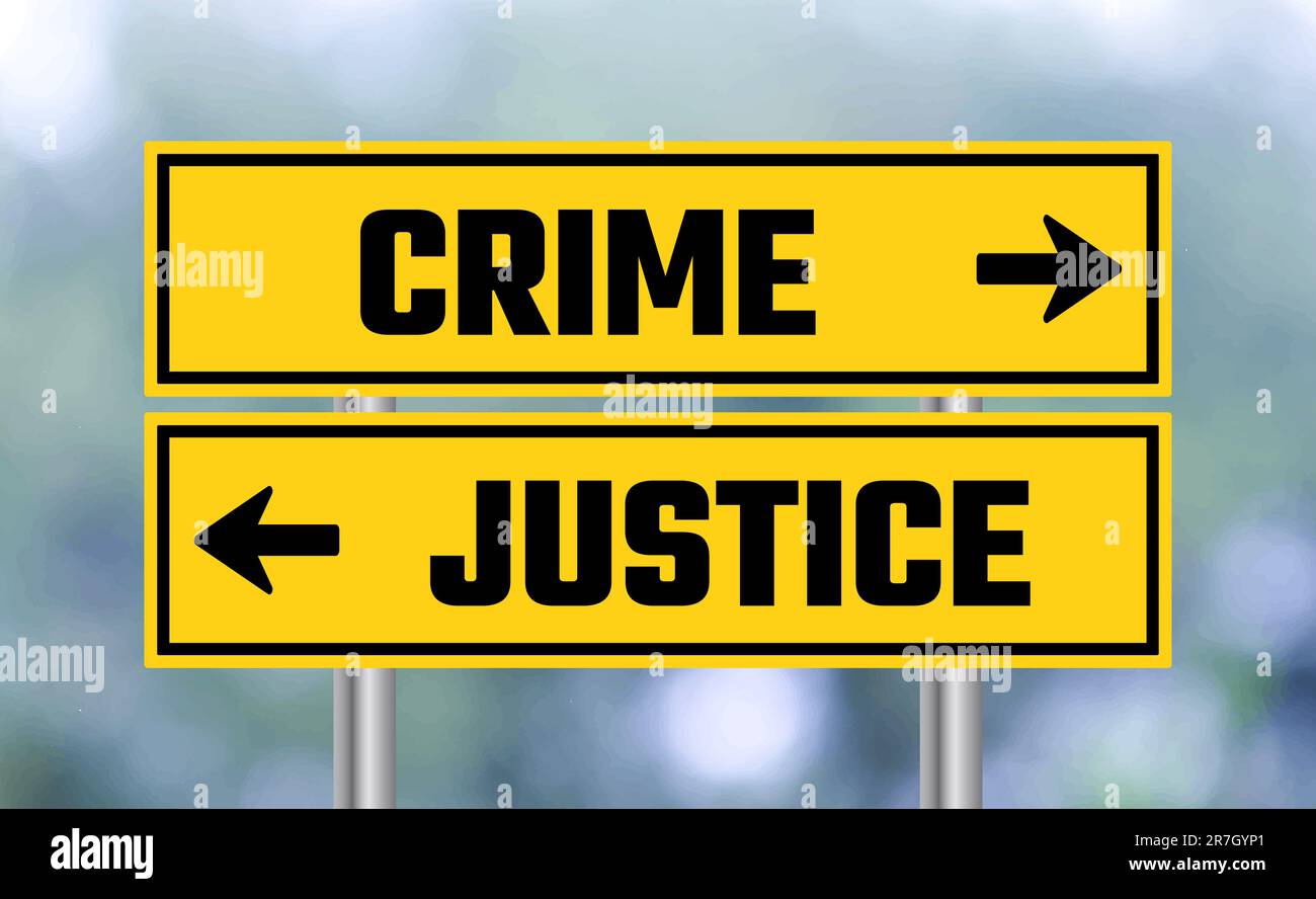 Crime or justice road sign on blur background Stock Photo - Alamy