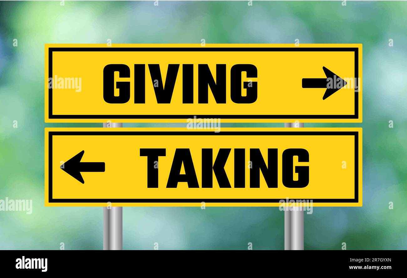 Giving or taking road sign on blur background Stock Photo - Alamy