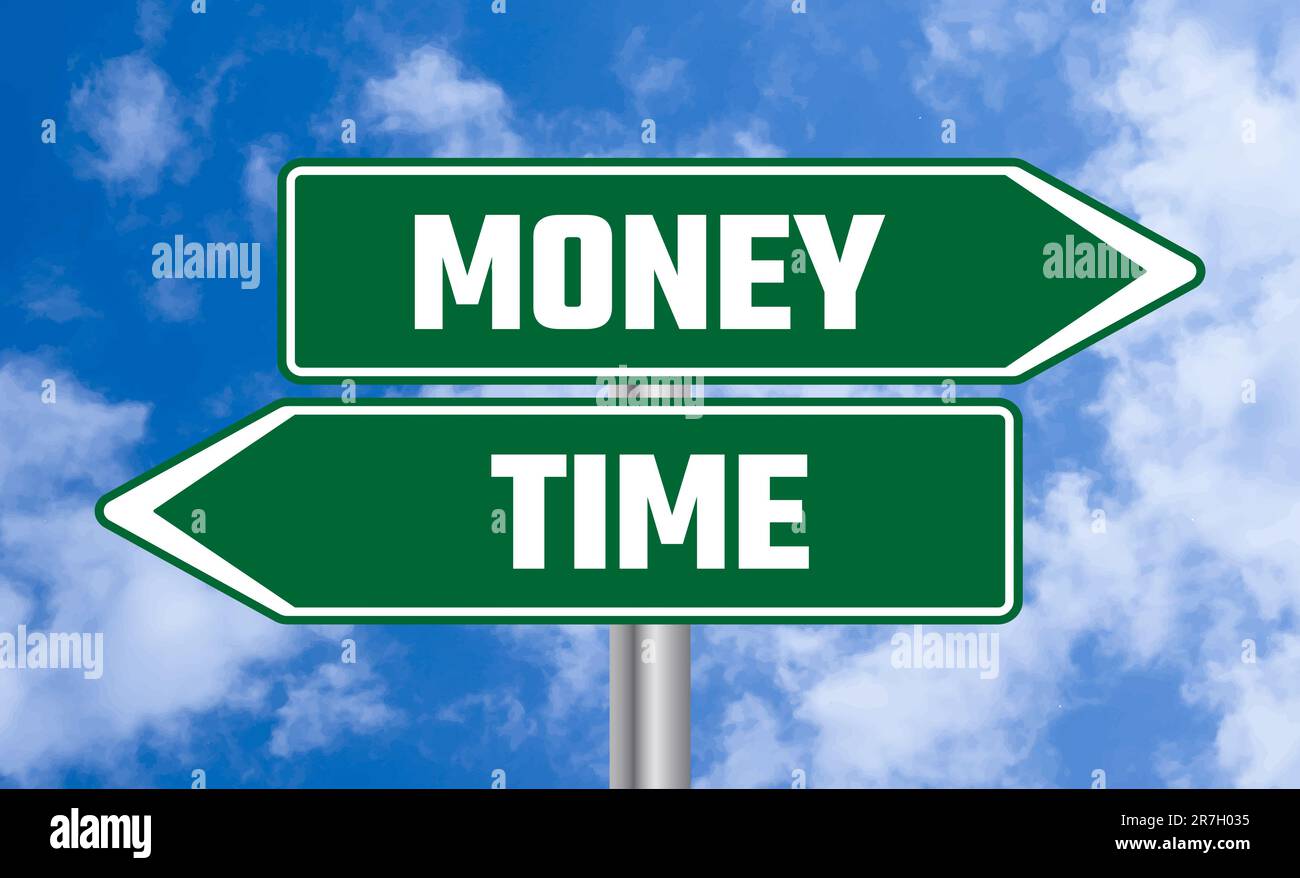 Money or time road sign on sky background Stock Photo - Alamy