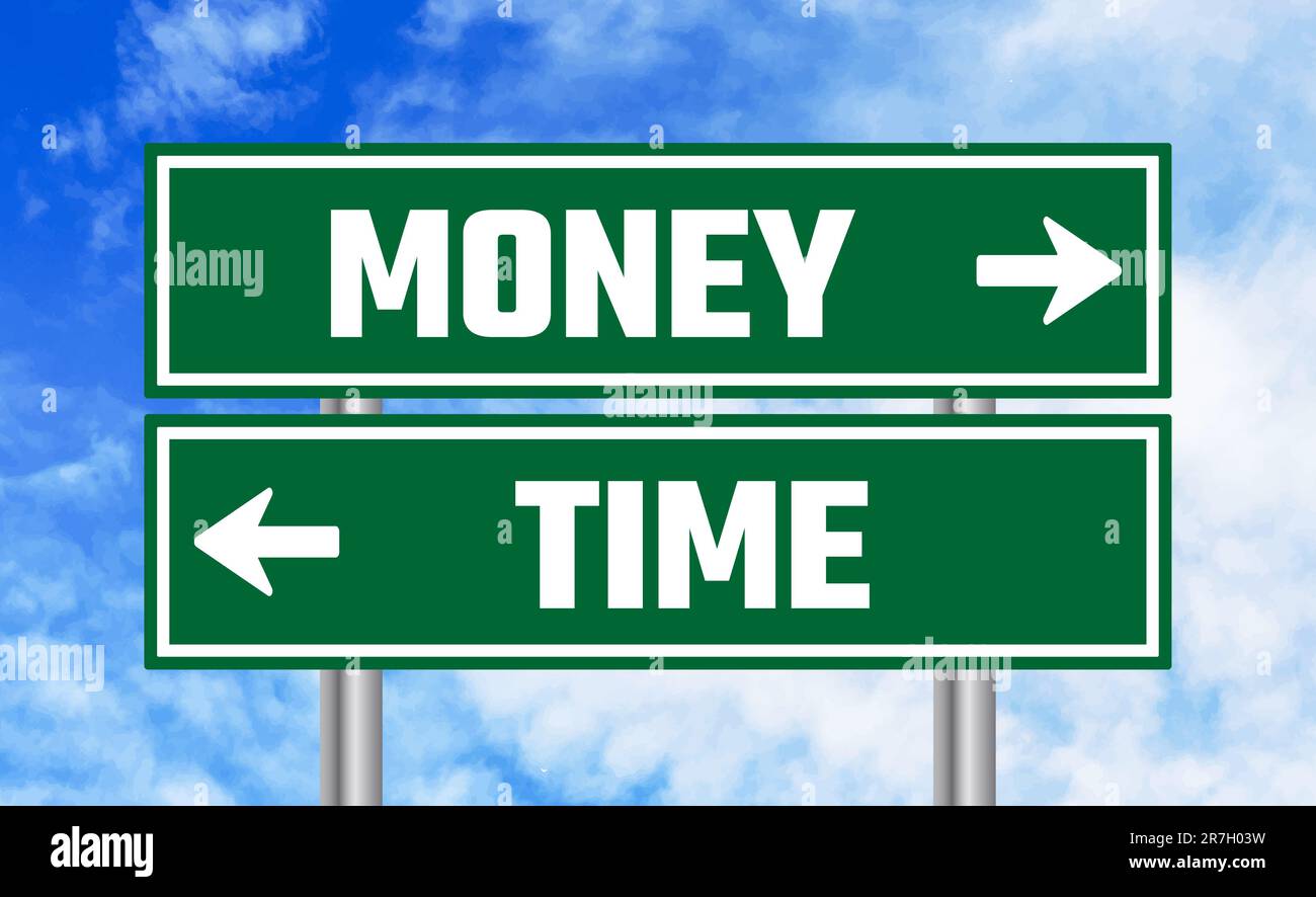 Money or time road sign on sky background Stock Photo - Alamy