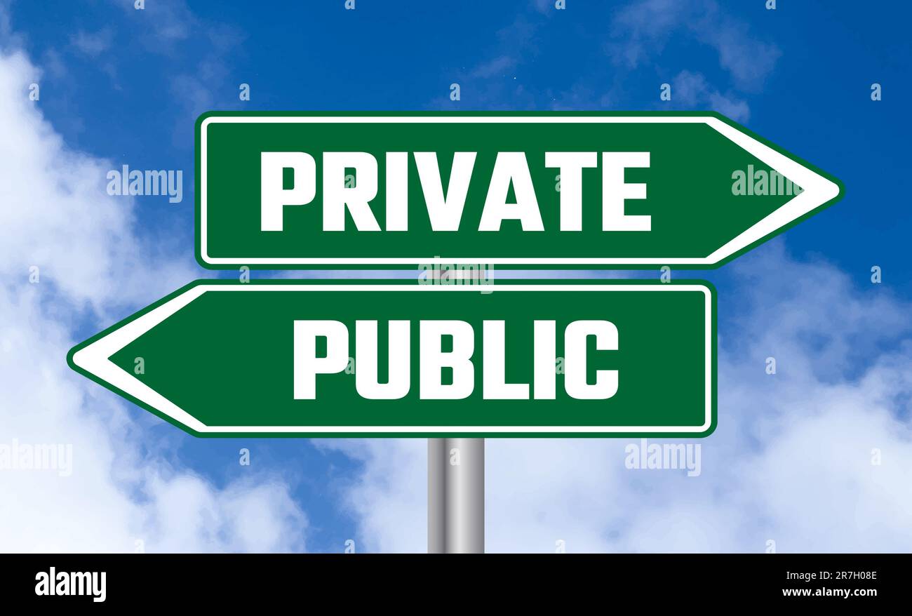 Private or public road sign on sky background Stock Photo - Alamy