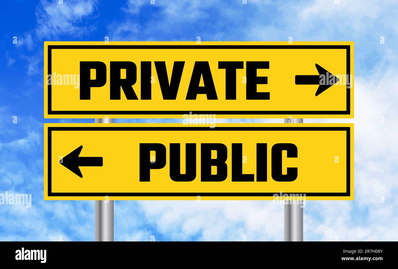 Private or public road sign on sky background Stock Photo - Alamy