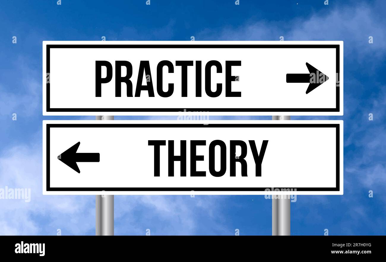 Practice or theory road sign on blue sky background Stock Photo - Alamy