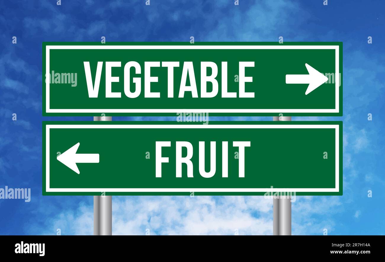 Vegetable or fruit road sign on cloudy sky background Stock Photo - Alamy