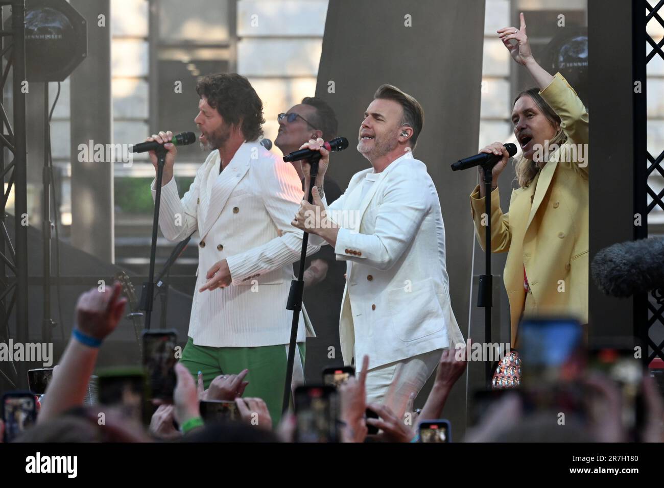 London, UK. 15th June, 2023. Howard Donald, Gary Barlow and Mark Owen ...