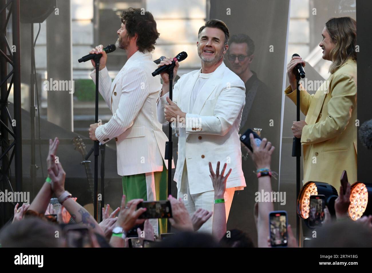 London, UK. 15th June, 2023. Howard Donald, Gary Barlow and Mark Owen ...