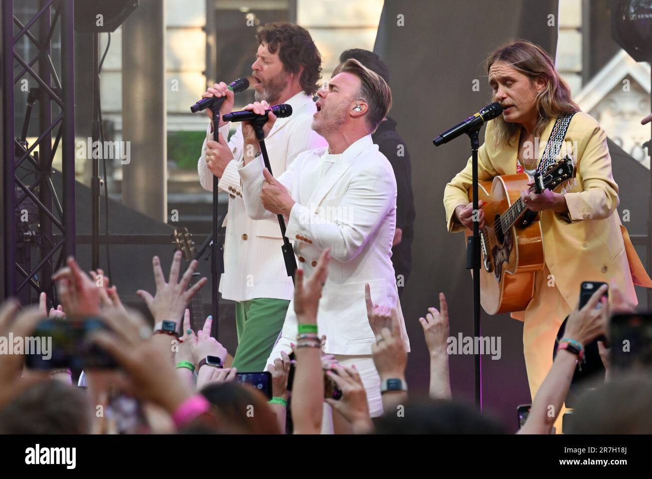 London, UK. 15th June, 2023. Howard Donald, Gary Barlow and Mark Owen ...
