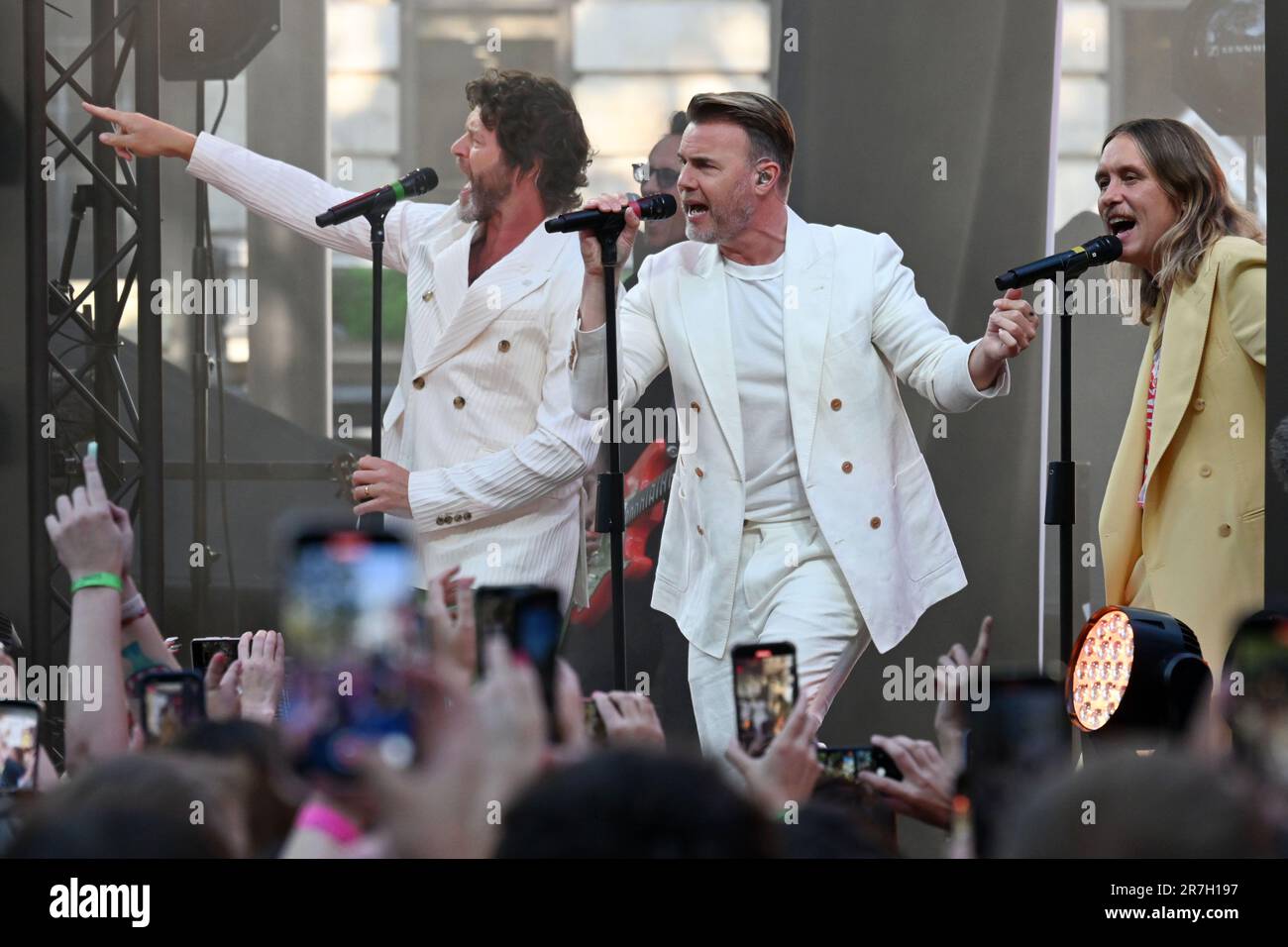London, UK. 15th June, 2023. Howard Donald, Gary Barlow and Mark Owen ...