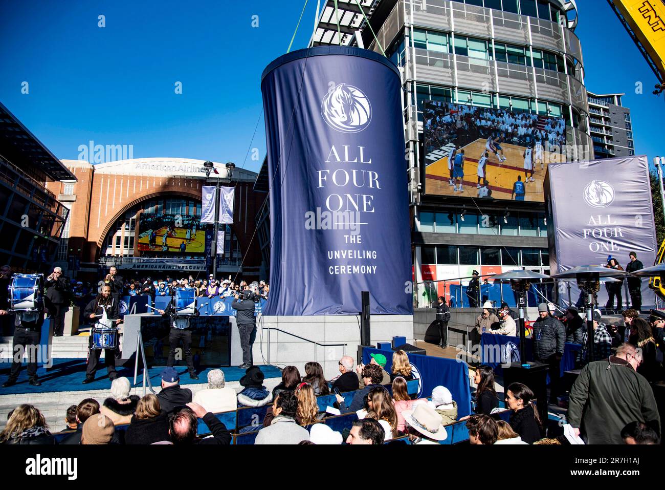 Members of the audience watch highlights of Dirk Nowitzki during the ...