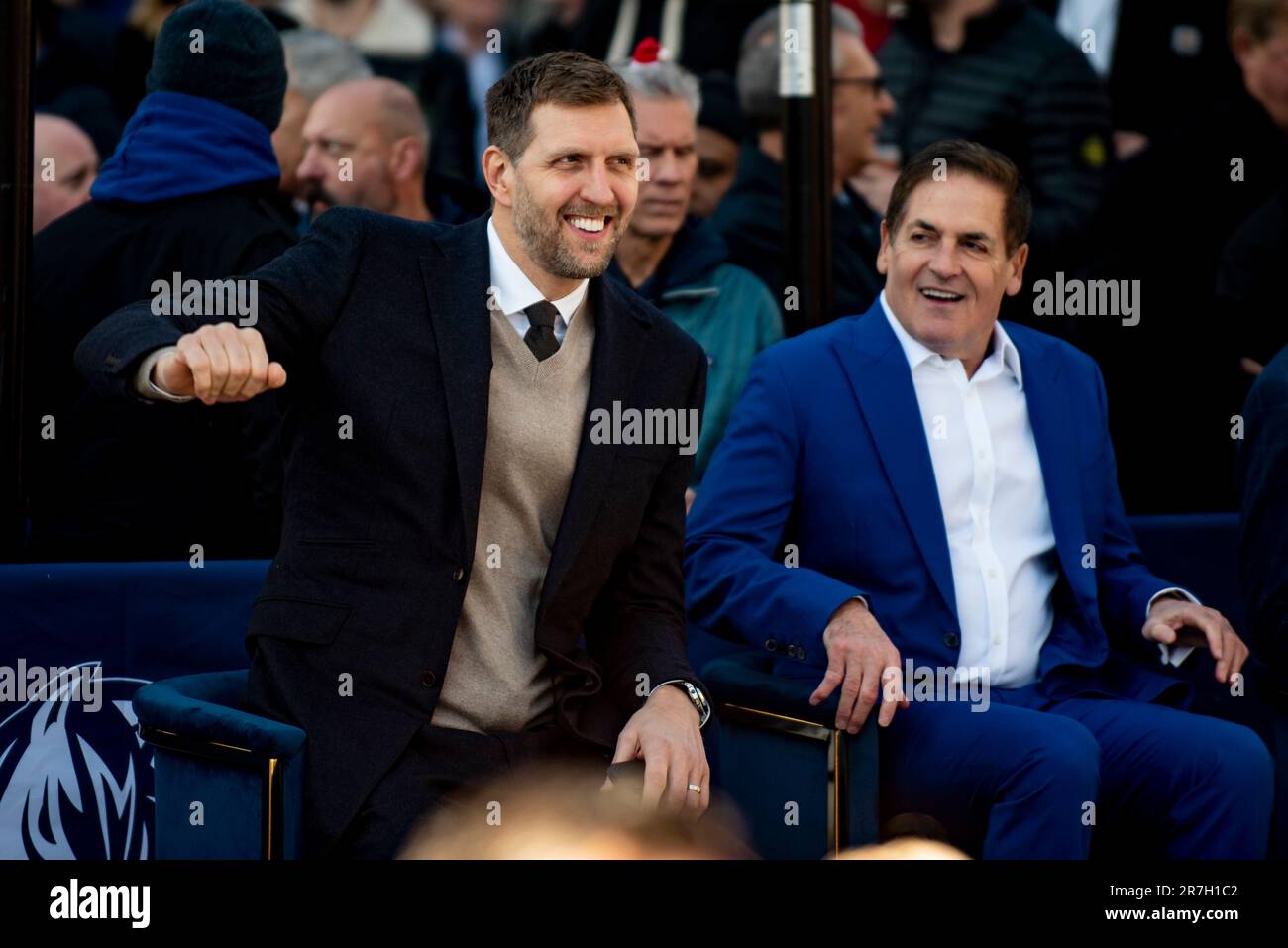 Dirk Nowitzki smiles during the "All Four One" statue ceremony in front ...