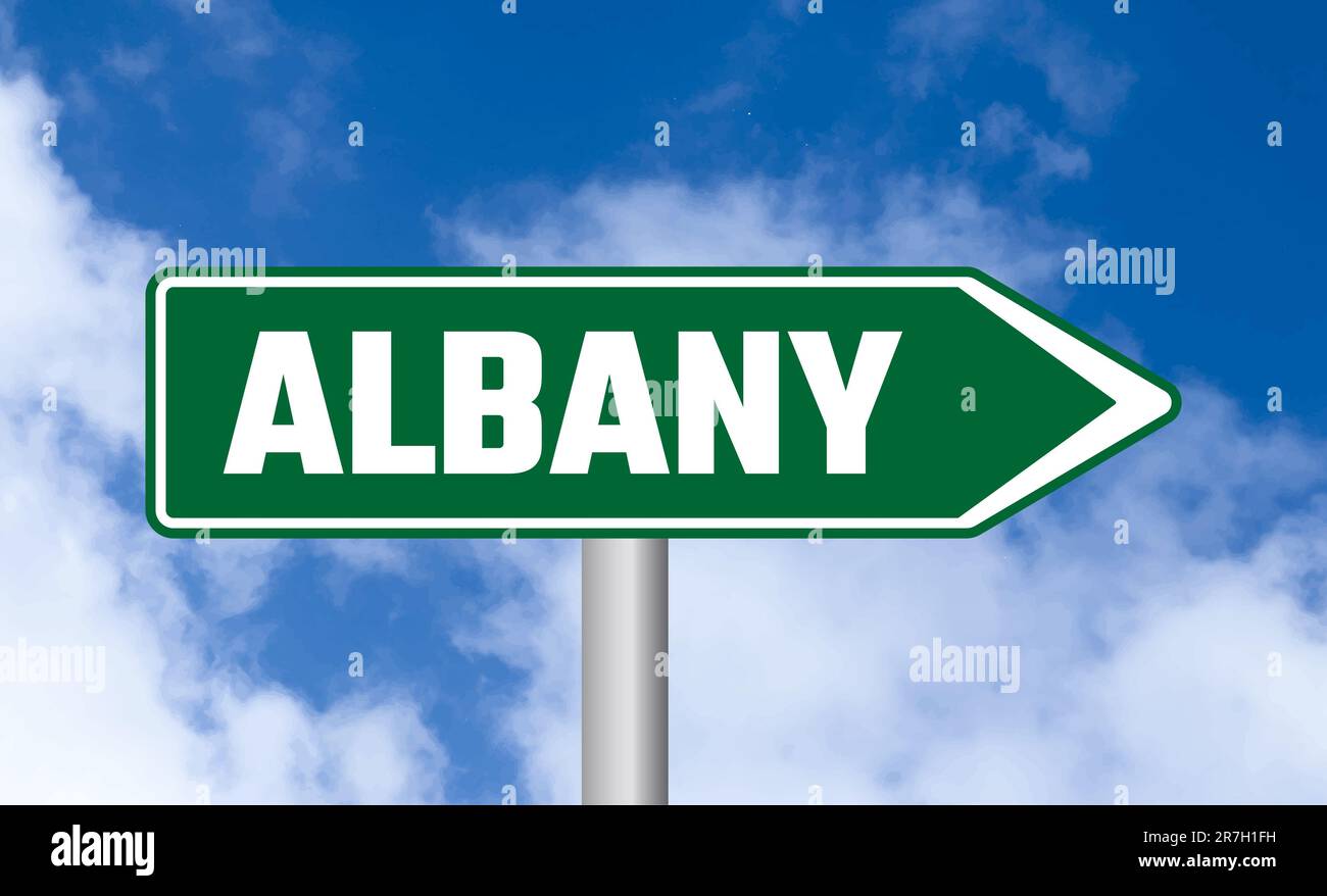 Albany road sign on cloudy sky background Stock Photo - Alamy