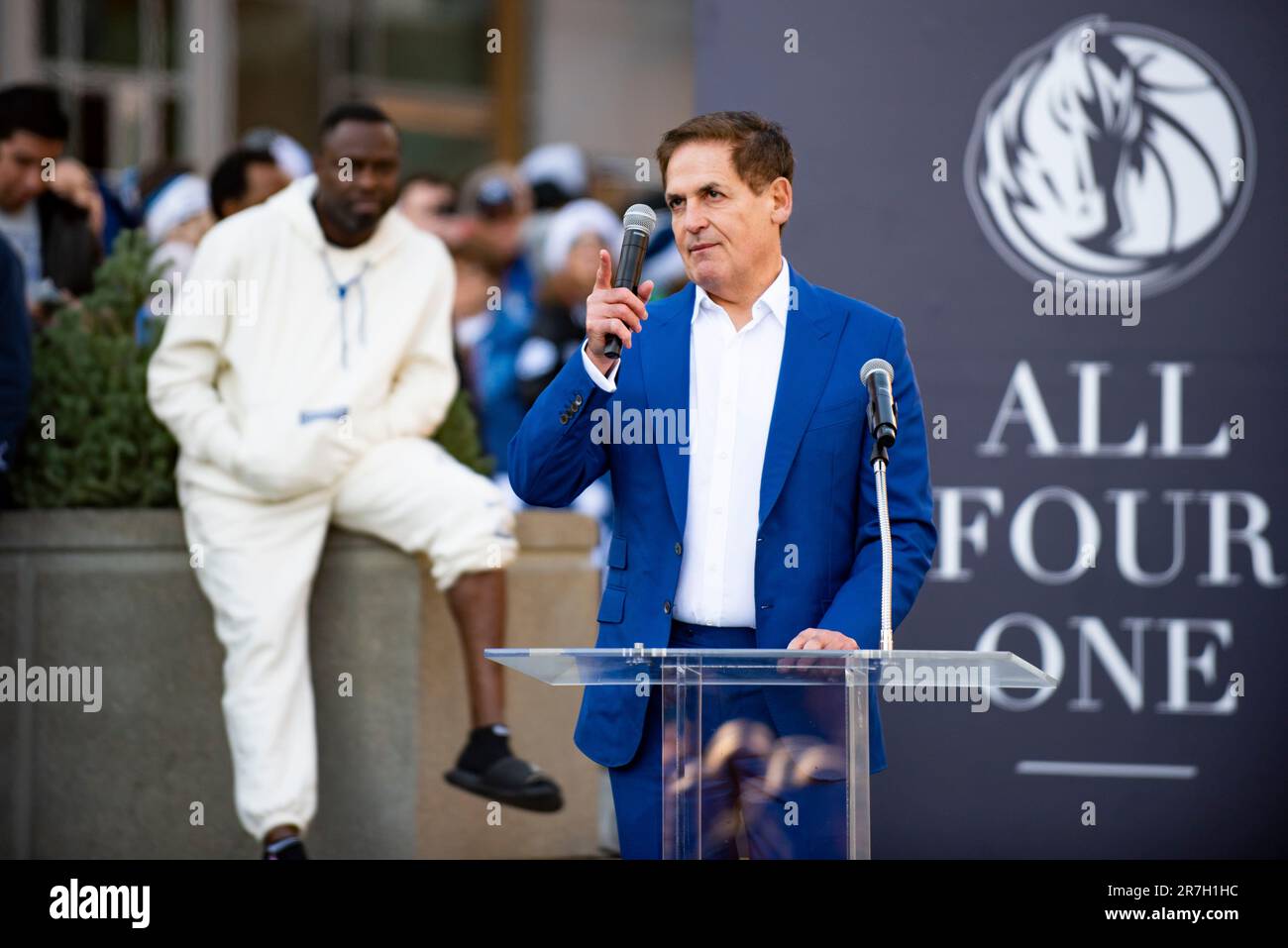 Dallas Mavericks Owner Mark Cuban speaks during the "All Four One" statue ceremony in front of ...
