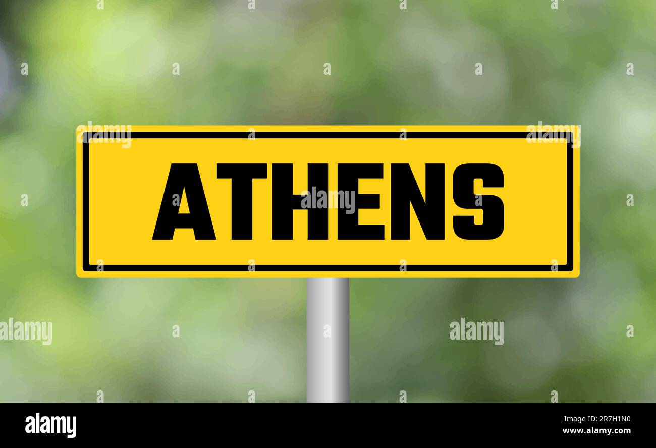 Athens road sign on blur background Stock Photo - Alamy