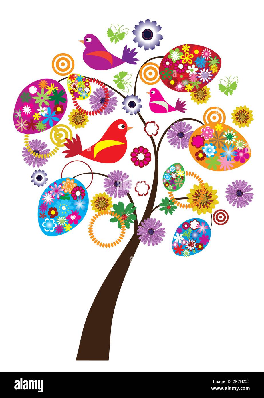 vector illustration of easter tree with floral eggs and birds Stock ...