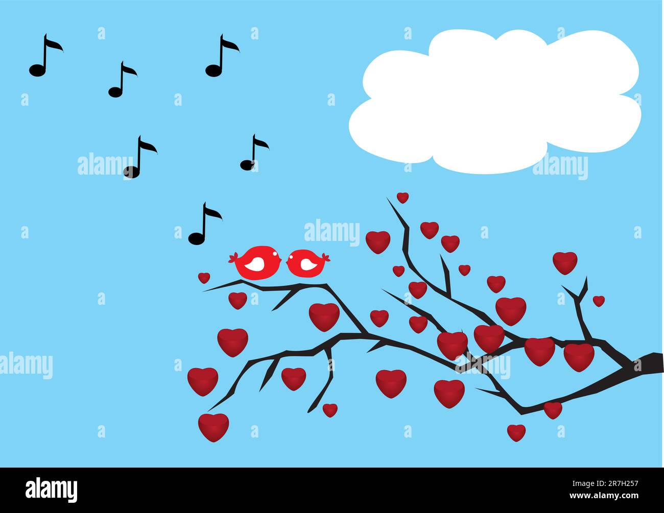 vector illustration of branch with love birds, hearts, musical notes ...