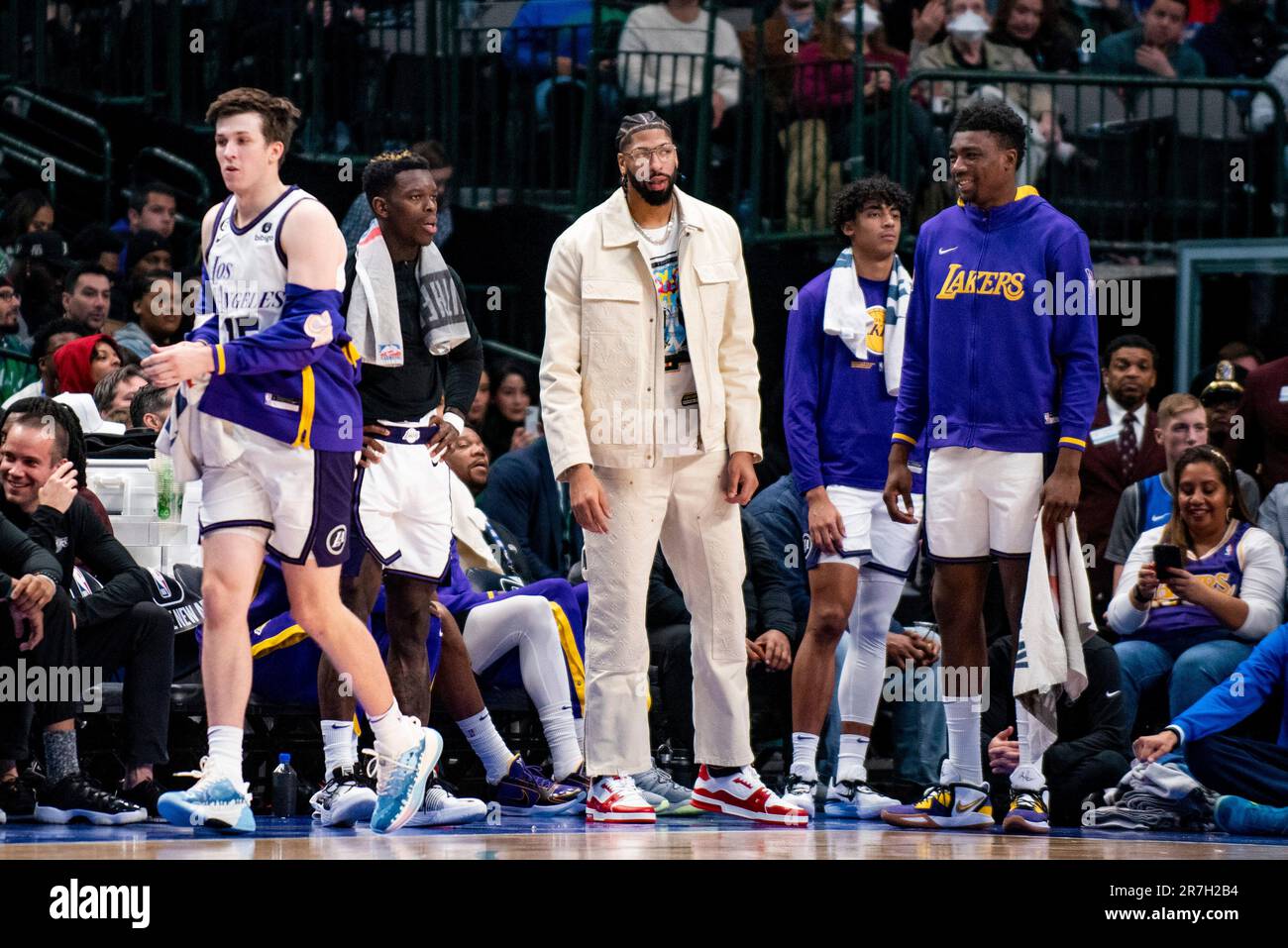 Los Angeles Lakers forward Anthony Davis watches from the bench in the ...