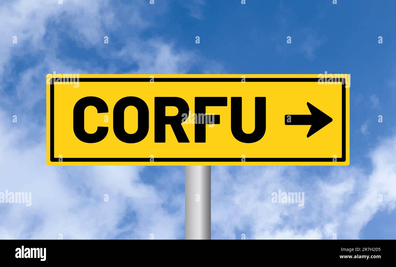 Corfu road sign on blue sky background Stock Photo - Alamy