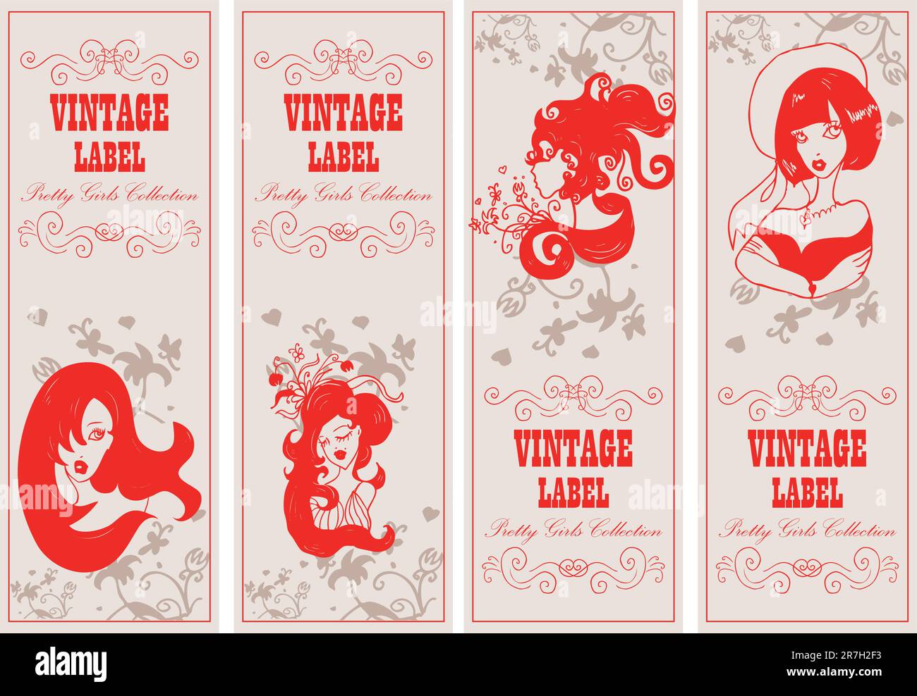 Vector vintage labels banner frame set with girls and flowers Stock ...