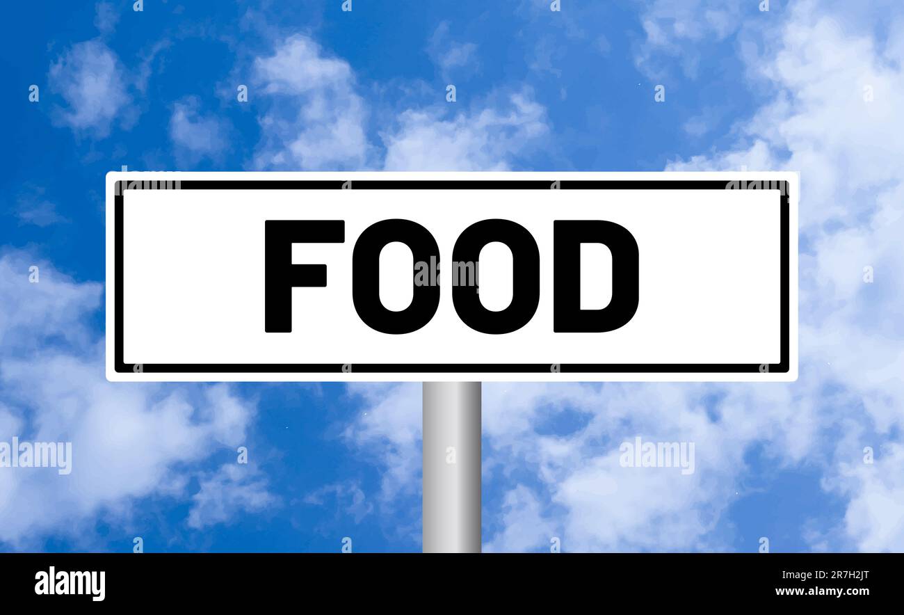 Food road sign on sky background Stock Photo - Alamy