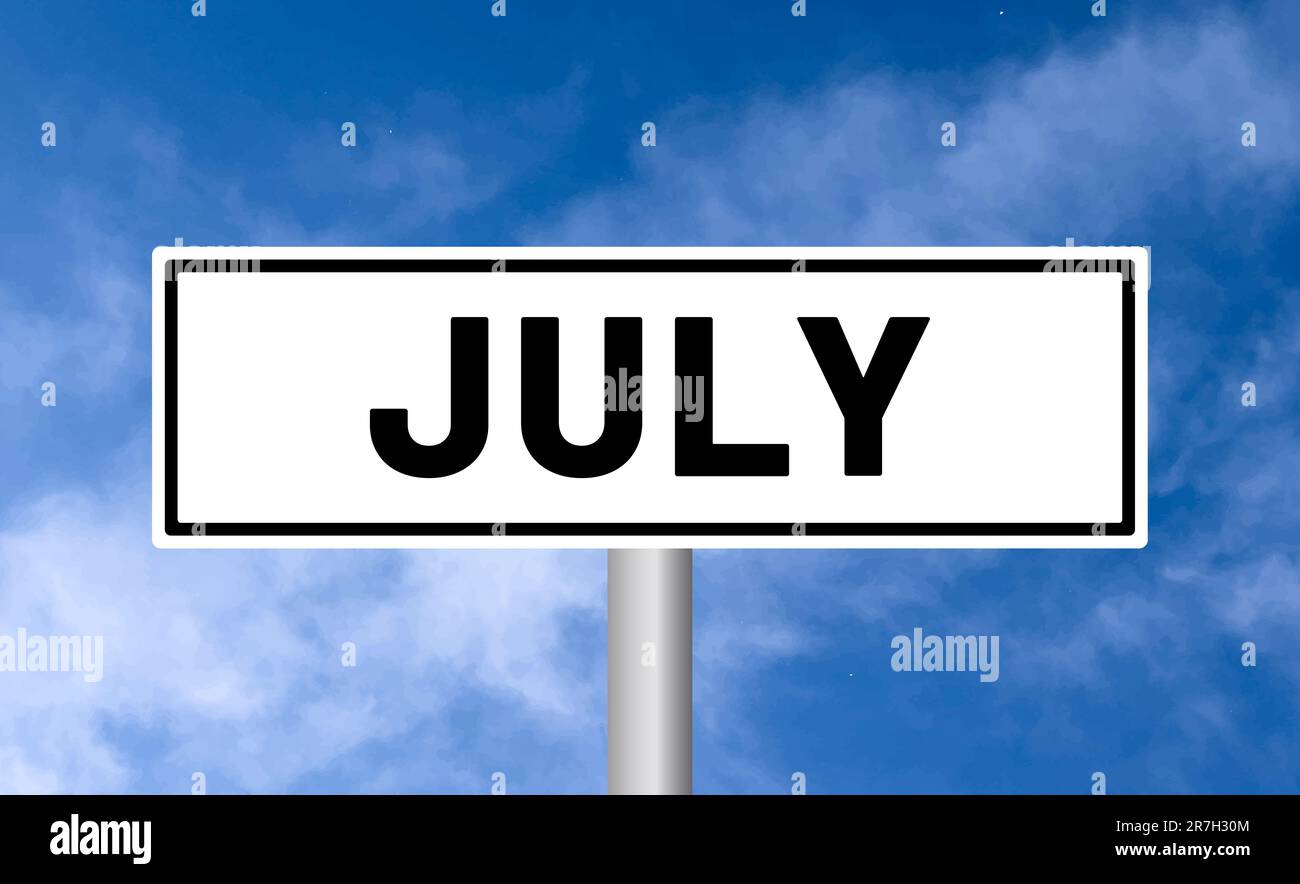 July road sign on sky background Stock Photo - Alamy
