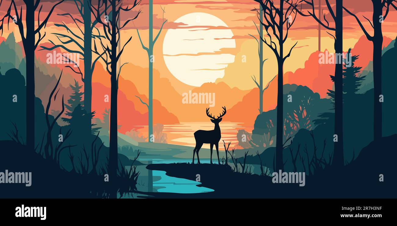 Deer standing on the dreamy forest background during the orange color ...