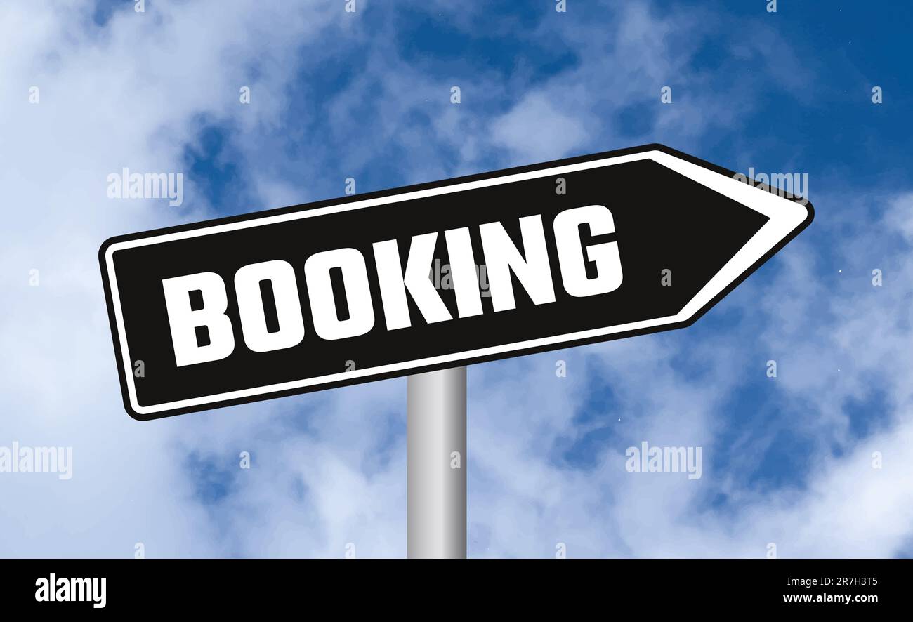 Booking road sign on blue sky background Stock Photo - Alamy