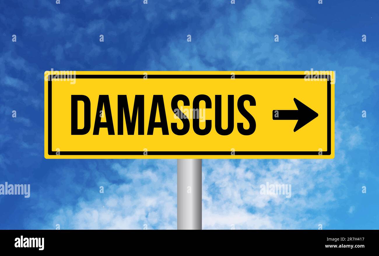 Damascus road sign on sky background Stock Photo - Alamy