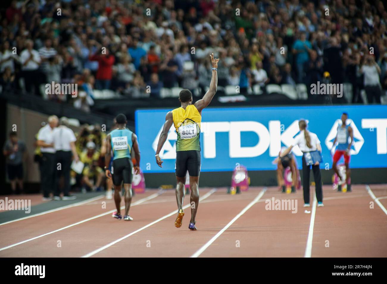 Usain Bolt participating in the 100m final at the World Athletics Championships London 2017 ...