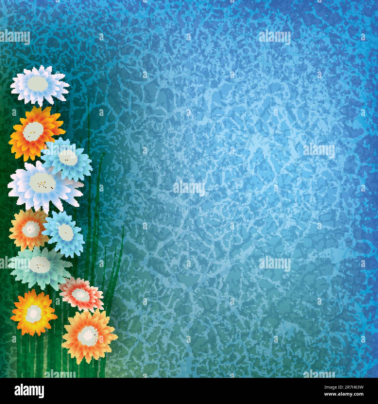 abstract floral illustration with color flowers on grunge blue ...