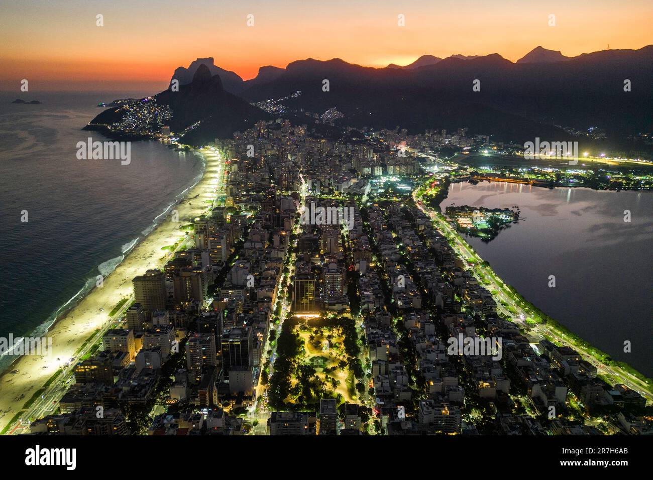 View of Ipanema and Leblon District Buildings and Mountains at Night in ...