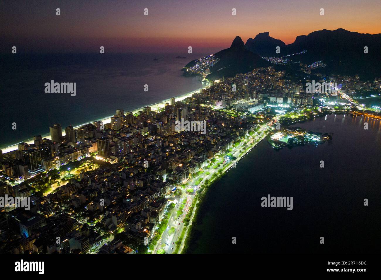View of Ipanema and Leblon District Buildings and Mountains at Night in ...