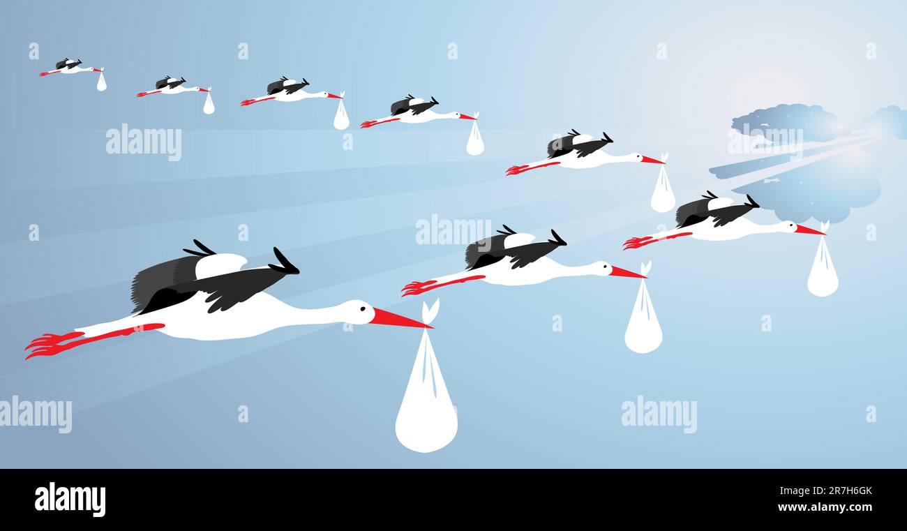 storks carrying babies in the early morning sky Stock Vector Image ...