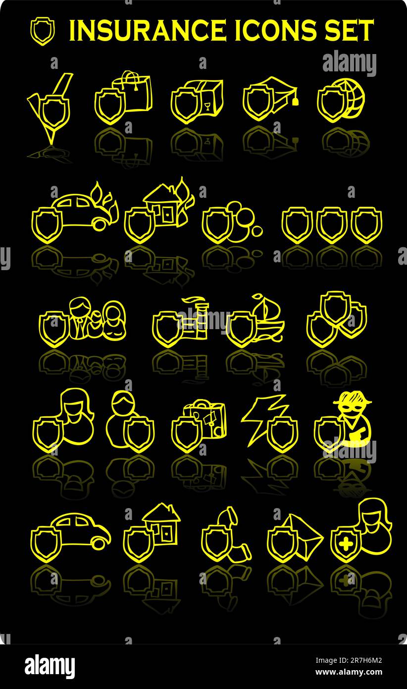 black background insurance icons set, all types, big vector art ...