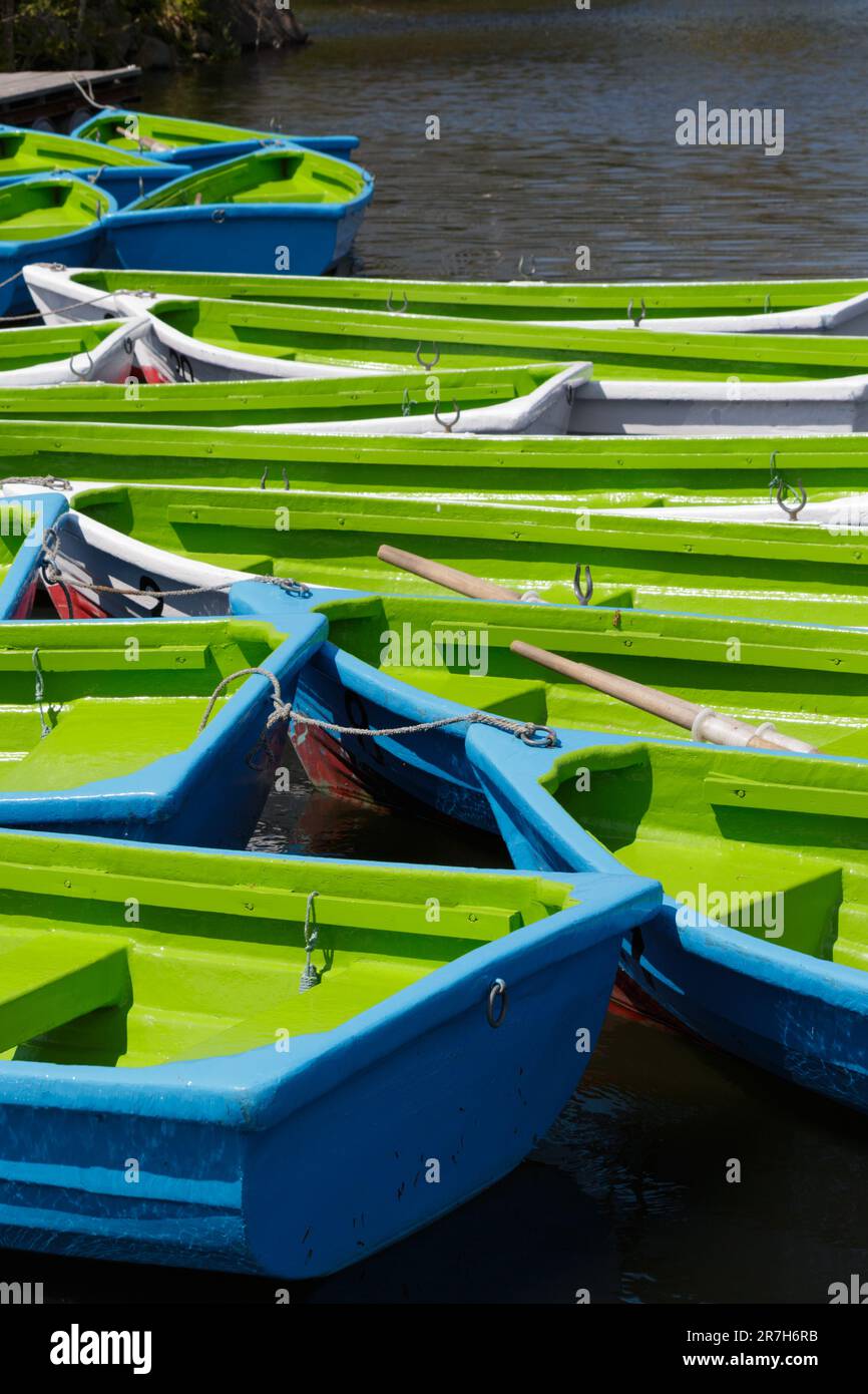 Empty recreational rowing boats on a river Stock Photo - Alamy