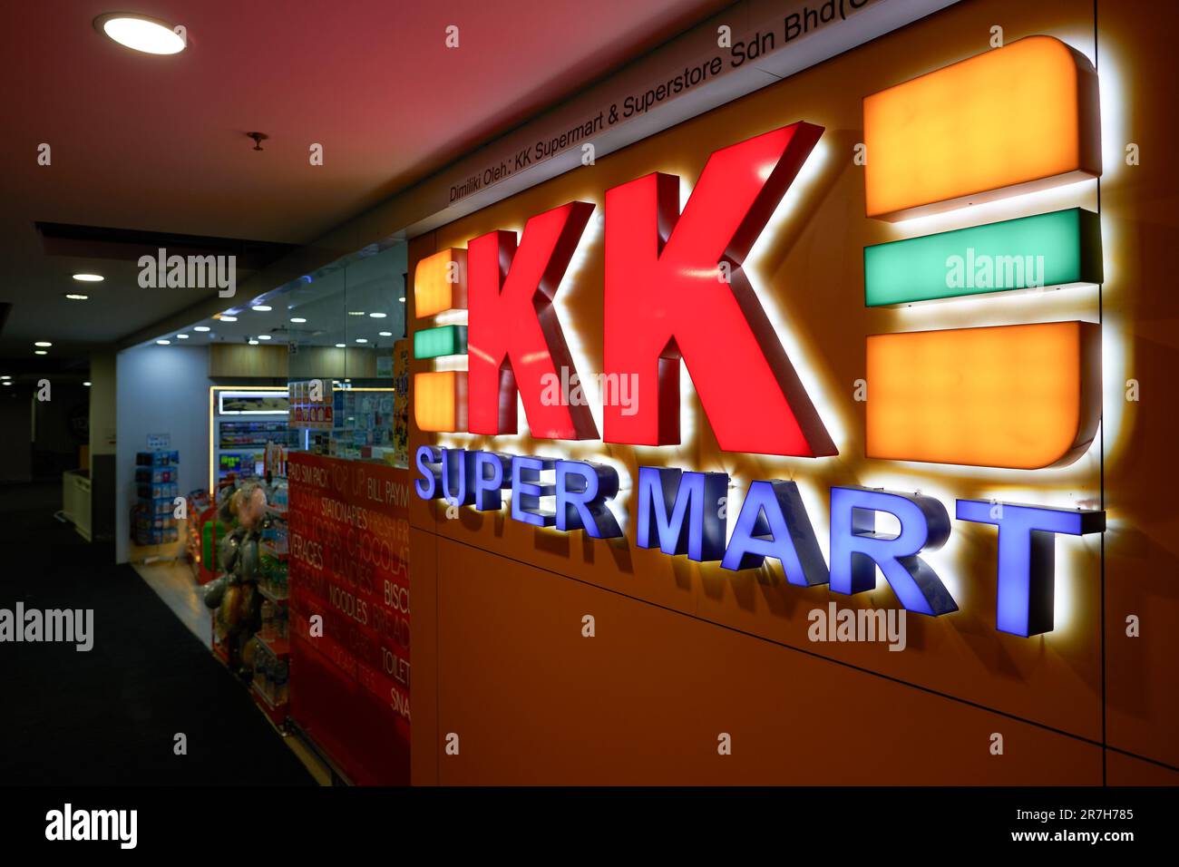 KUALA LUMPUR, MALAYSIA - CIRCA MARCH, 2023: KK Super Mart sign as seen in KLIA2 airport in Kuala ...
