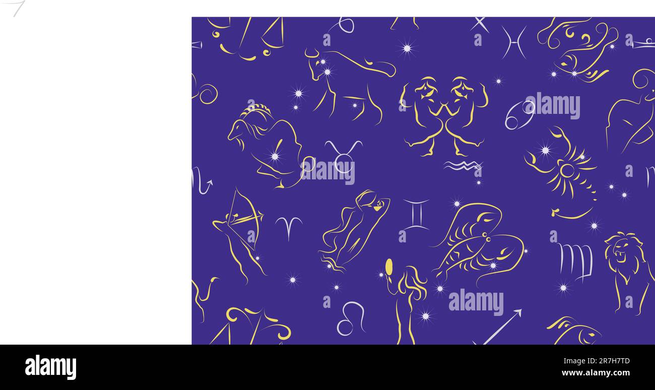 Zodiac signs on purple night sky. Seamless vector illustration Stock ...