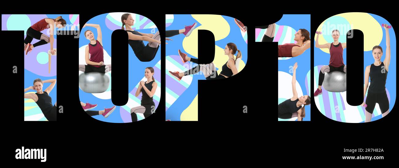 Top ten list of home fitness exercises on color background. Young ...