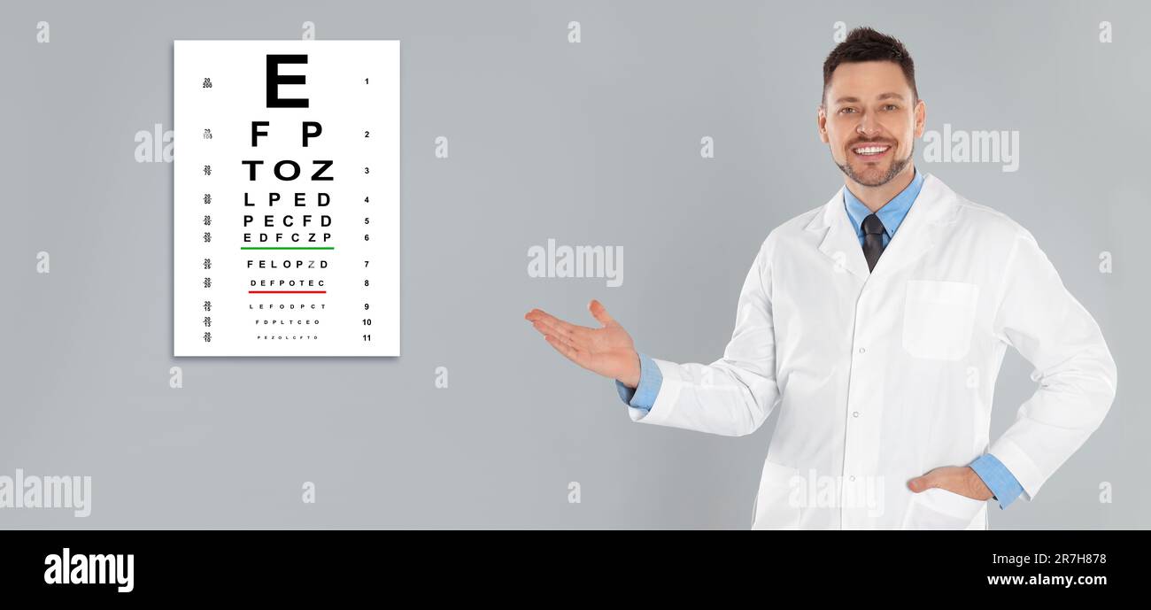 Vision test. Ophthalmologist or optometrist pointing at eye chart on ...