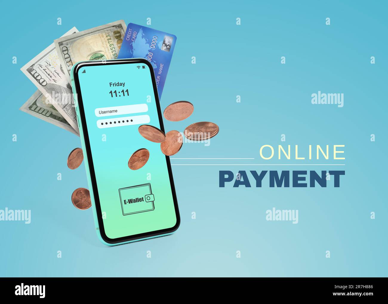 Online payment. Mobile phone with e-wallet sign-in screen, dollar ...