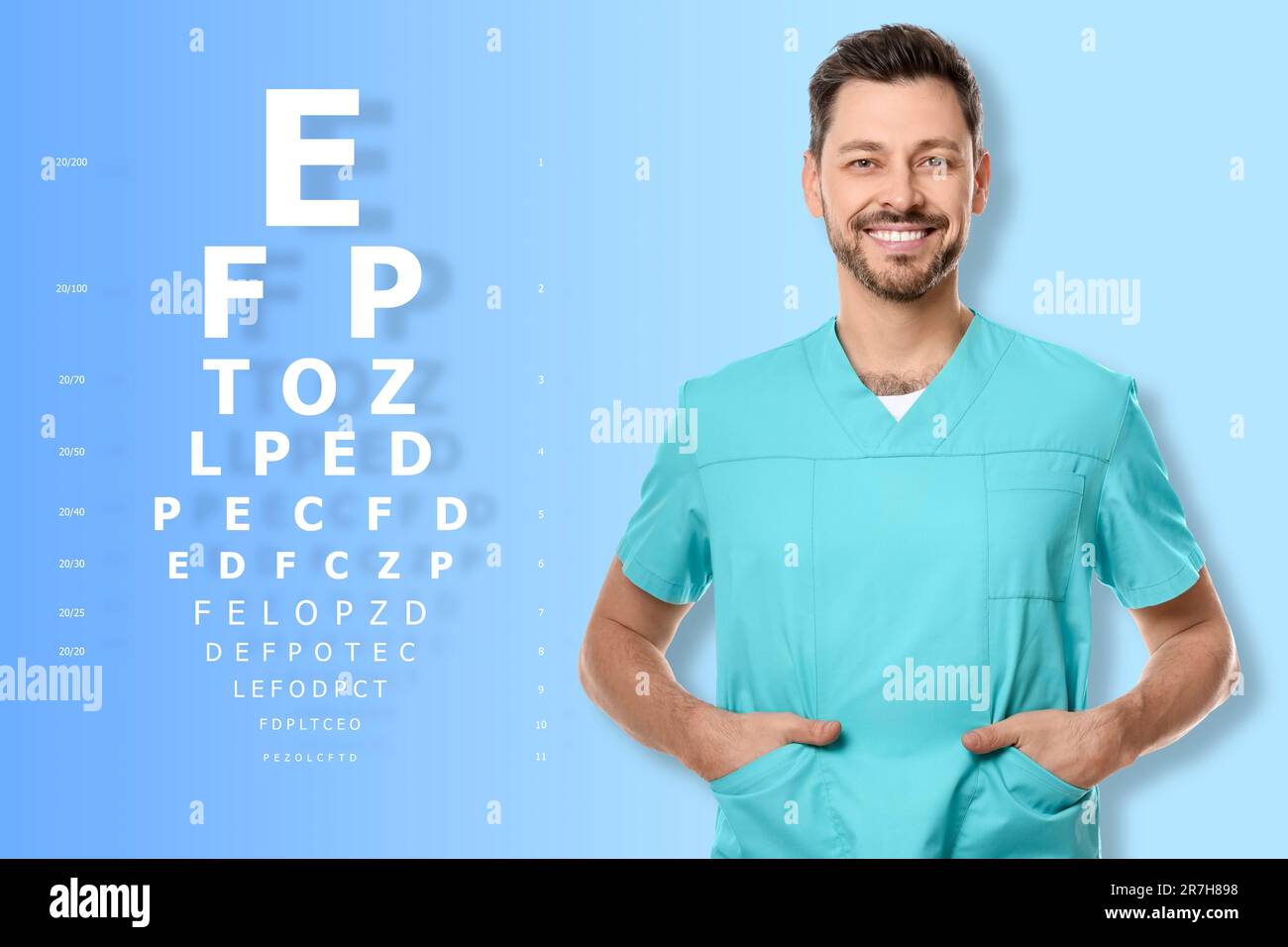 Vision test. Ophthalmologist or optometrist and eye chart on white and ...