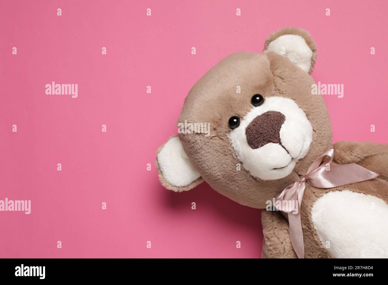 Cute teddy bear on pink background, top view. Space for text Stock ...