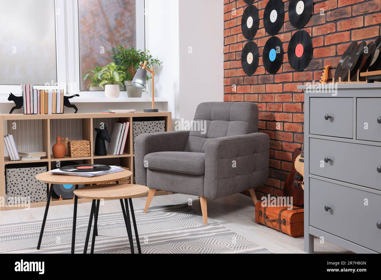 Living room decorated with vinyl records. Interior design Stock Photo ...