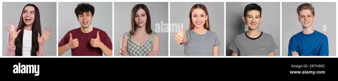 Portraits of teenagers on light grey background, collage design Stock ...