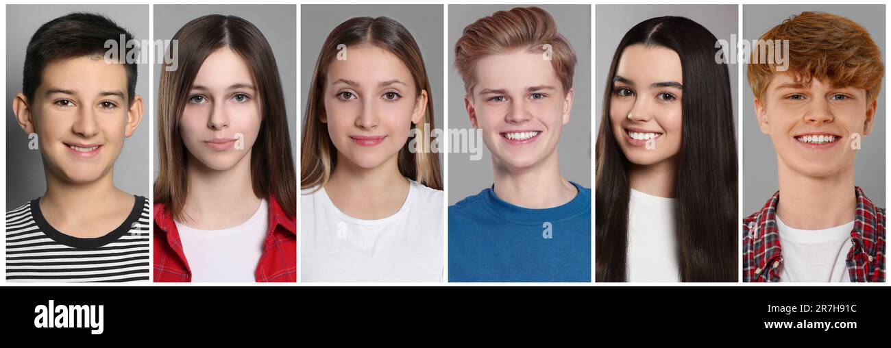 Portraits of teenagers on light grey background, collage design Stock ...