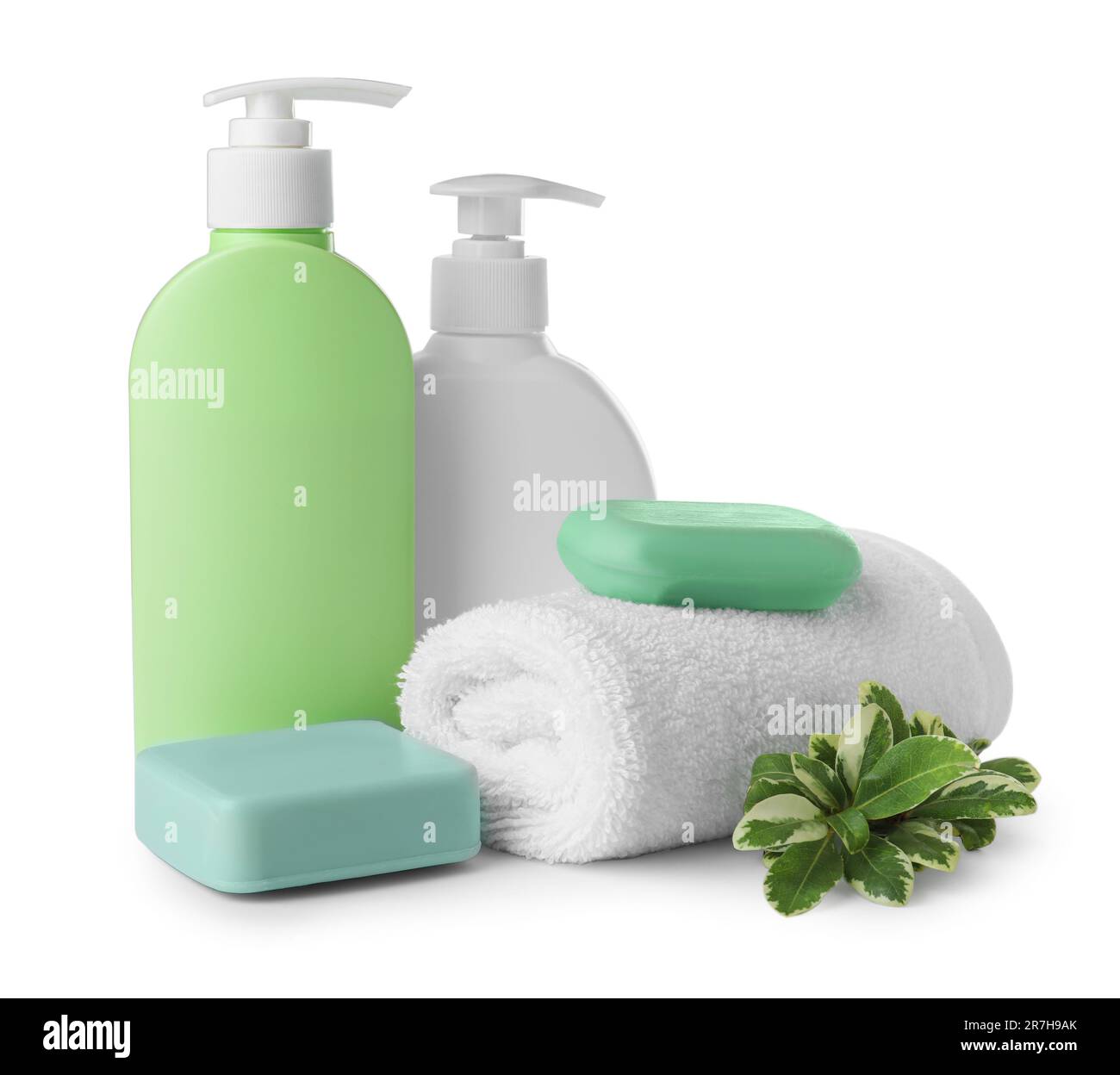 Soap bars, dispensers and terry towel on white background Stock Photo ...