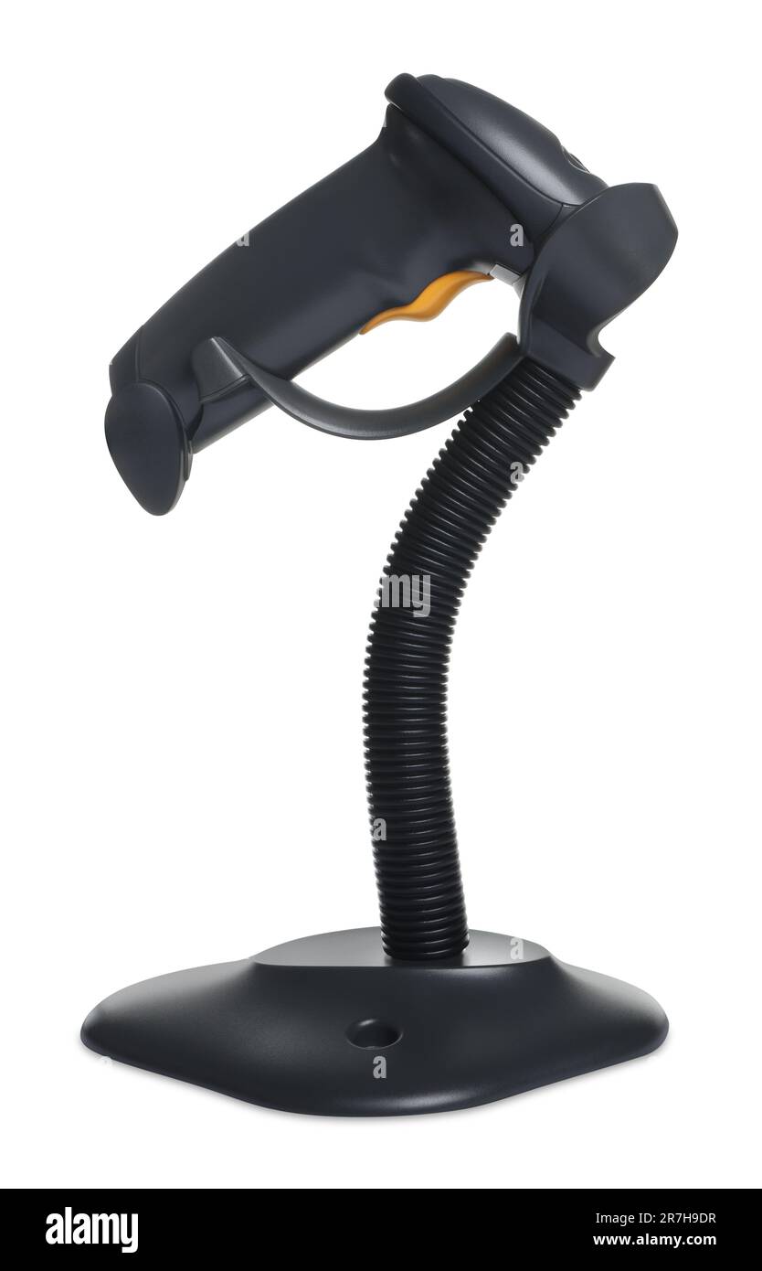 Stand with barcode scanner isolated on white Stock Photo - Alamy