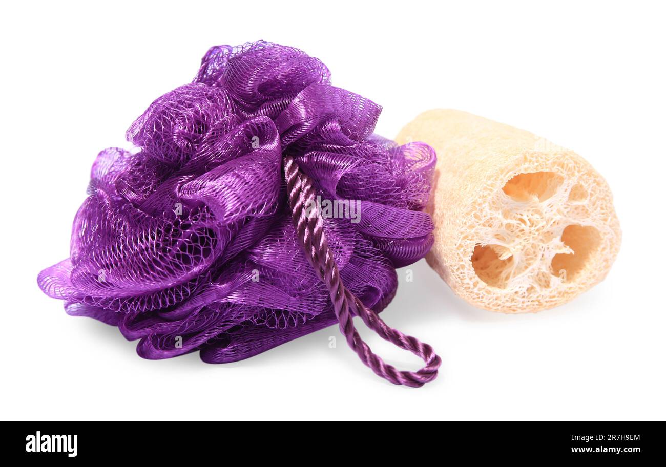 New shower puff and loofah sponge on white background. Personal hygiene ...